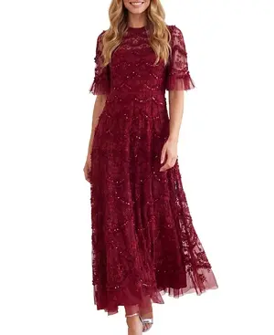 NEEDLE & THREAD Lily Bloom Embroidered Maxi Dress - Garnet