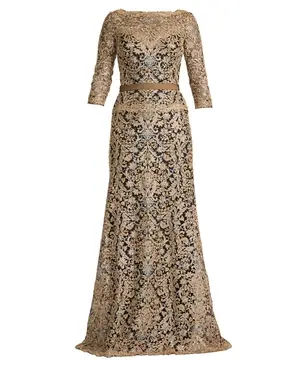 Tadashi Shoji Aziza Sequin Embroidered Tulle Gown - Copper Shadow/black