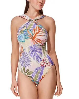 GOTTEX Cherry Blossom Twist Halter One Piece Swimsuit - Multi