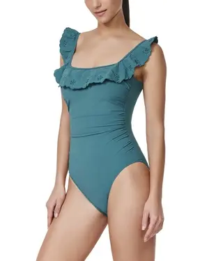 GOTTEX Bachelorette Square Neck Ruffle One Piece Swimsuit - Lagoon