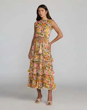 Mac Duggal Floral Tiered Ruffle Midi Dress