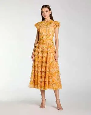 Mac Duggal Floral High Neck Flutter Sleeve Midi Dress - Yellow Multi