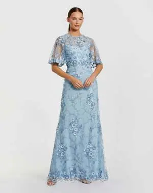 Mac Duggal Petite Flutter Sleeve Floral Embroidered Net Gown