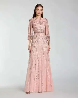 Mac Duggal High Neck Embellished Gown With 3/4 Sleeves - Pink