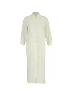 120% Lino Button-down Side-slit Maxi Dress - Neutrals