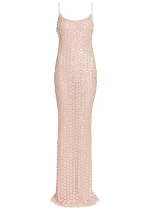 THE NEW ARRIVALS ILKYAZ OZEL Floral-appliquéd Tulle Maxi Dress - Light Pink