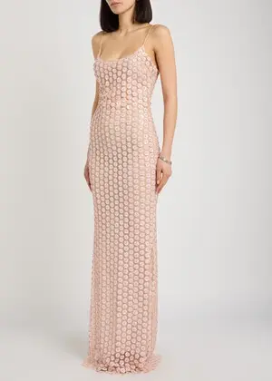 THE NEW ARRIVALS ILKYAZ OZEL Floral-appliquéd Tulle Maxi Dress - Light Pink