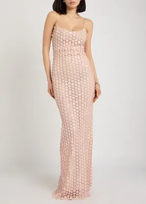 THE NEW ARRIVALS ILKYAZ OZEL Floral-appliquéd Tulle Maxi Dress - Light Pink