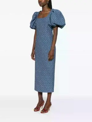 Max Mara Floral-jacquard Puff-sleeve Dress - Blue