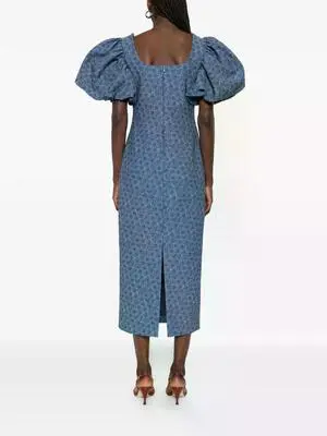 Max Mara Floral-jacquard Puff-sleeve Dress - Blue