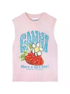 GANNI Strawberry-motif Intarsia-knit Vest - Pink