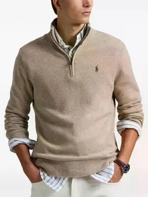 Polo Ralph Lauren Quarter-zip Embroidered-logo Sweater - Neutrals