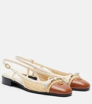 Valentino Garavani Raffia Slingback Flats With Leather Trim