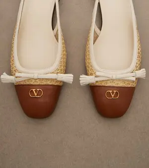 Valentino Garavani Raffia Slingback Flats With Leather Trim