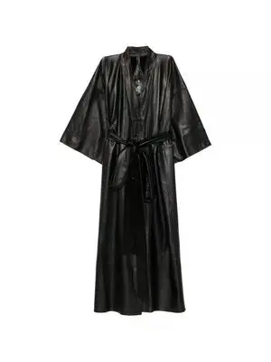 A LEATHER Kimono Belted Leather Coat - Black