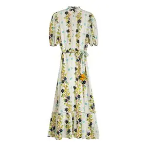 NIZA Long Puff Sleeve Floral Print Maxi Dress - White/blue/yellow
