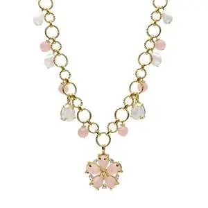 FARRA Rose Quartz Flower Pendant Chain Necklace - Pink