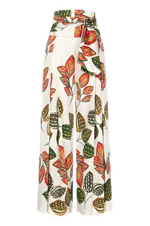 MARIANNA DÉRI Leaf Print Palazzo Trousers With Tie Belt - White