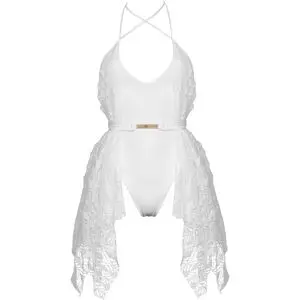 ANTONINIAS Sumptuous Deep V One-piece Swimsuit With Lace Detail And Belt - White