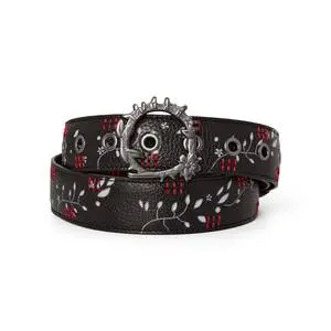LIMAR Embroidered Leather Belt With Silver Buckle - Black/red
