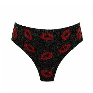 SELF-ADORE Beaded High-waisted Bikini Bottom - Black/red