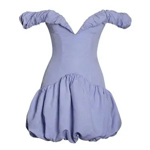 MISS CIRCLE NEW YORK Checkered Puffy Off Shoulder Mini Dress - Blue