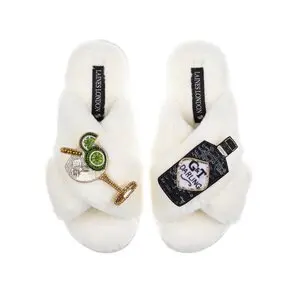 LAINES LONDON Classic Slippers With Brooches - White