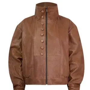 Gold button leather jackets for women