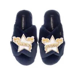 LAINES LONDON Classic Faux Fur Slippers With Brooches - Blue