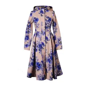 RAINSISTERS Floral Print Waterproof Hooded Trench Coat - Blue