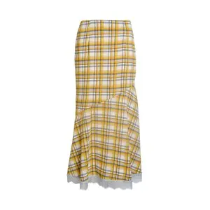 AMY LYNN Sunnie Plaid Asymmetric Lace Trim Midi Skirt - Yellow