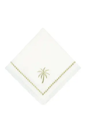 ROUMÉLIE ORIENTALE Pure Linen, Fringed Table Napkin Set Of Four Palm Charm - White