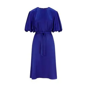 FEMPONIQ Draped Puff Sleeve Satin Midi Dress