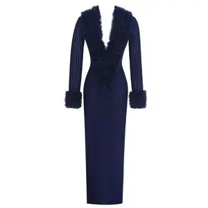 MISS CIRCLE NEW YORK Plunging Fur Trimmed Crochet Maxi Dress - Blue