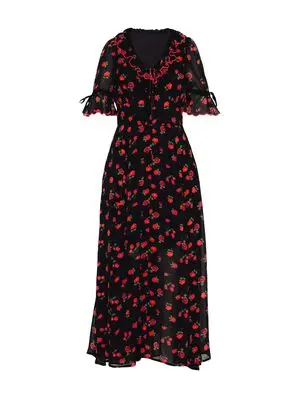 ROSE & NANCY Rose Print Velvet Tie Maxi Dress - Black/red