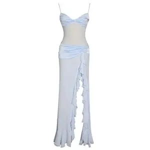 MISS CIRCLE NEW YORK Lacy Ruched High Slit Chiffon Gown - Blue