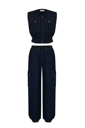 GOC DENIM Denim Cargo Set With Cropped Vest - Blue