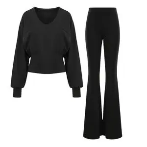 BLUZAT Kimono Blouse And Flared Trousers Set - Black