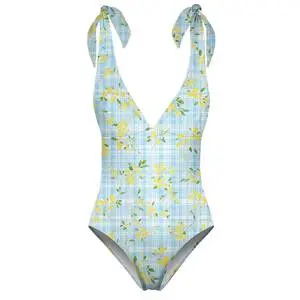 ALOHA FROM DEER Lemon Print One Piece Swimsuit With Tie Straps - Blue
