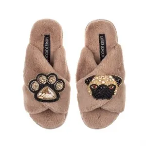LAINES LONDON Faux Fur Slippers With Detachable Brooches - Brown