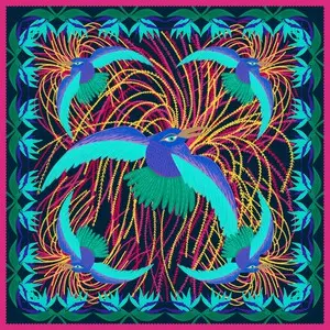 CREATURE MARSEILLE Les Oiseaux De Paradis Pink The Gavroche Silk Scarf / Design In France Made In Italy - Blue