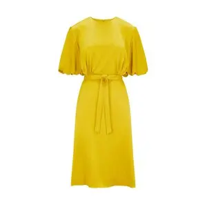 FEMPONIQ Draped Puff Sleeve Satin Midi Dress - Yellow