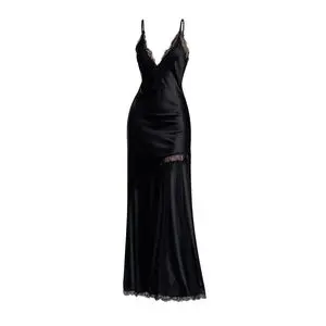 TANTRA SPAIN SL Lingerie-style Satin Midi Slip Dress With Lace Details And Straps - Black