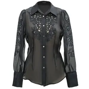 SMART AND JOY Embroidered Organza Blouse - Black