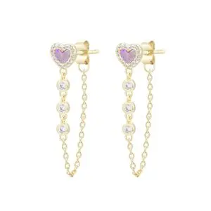 KAMARIA Heart Chain Stud Earrings With Crystals And Opal - Pink