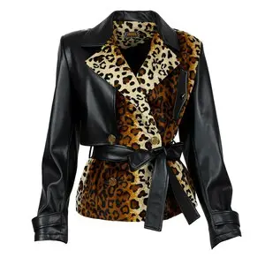 LALIPOP DESIGN Leopard Print Vegan Leather Trench Coat