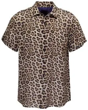 LORDS OF HARLECH Landon Leopard Linen Button-up Shirt - Brown