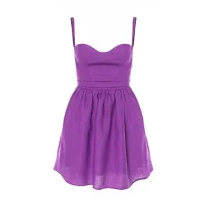 AVENUE N°29 Linen Gathered Mini Dress With Straps - Purple