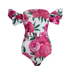 NUR KARAATA Poppy Swimsuit With Floral Print And Sleeve Detail - White