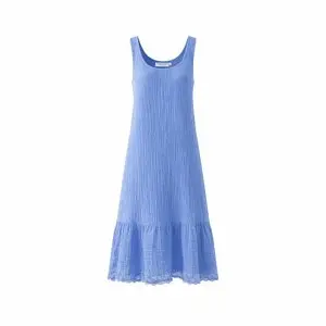 Haris Cotton Sleeveless Maxi Textured Cotton Dress With Lace Trim - Blue